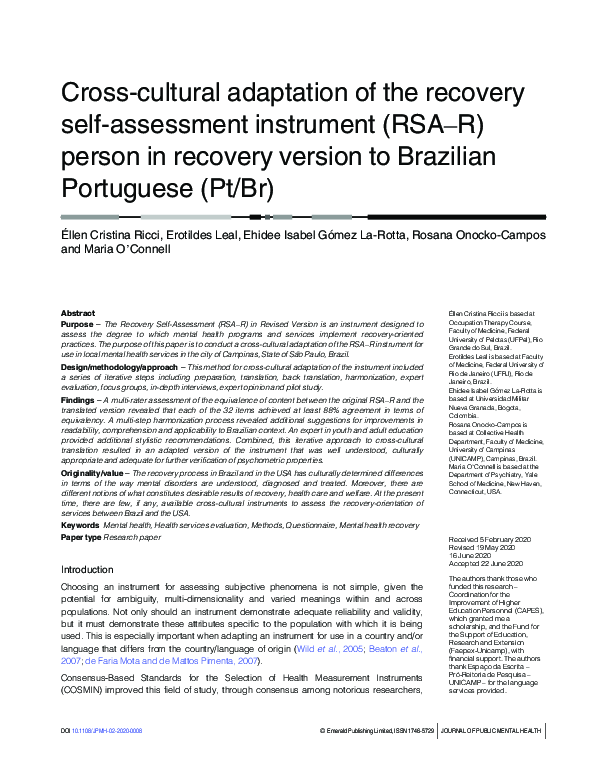 (PDF) Cross-cultural adaptation of the recovery self-assessment instrument (RSA–R) person in ...