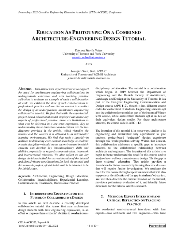 (PDF) Education As Prototype: On a Combined Architecture-Engineering Design Tutorial