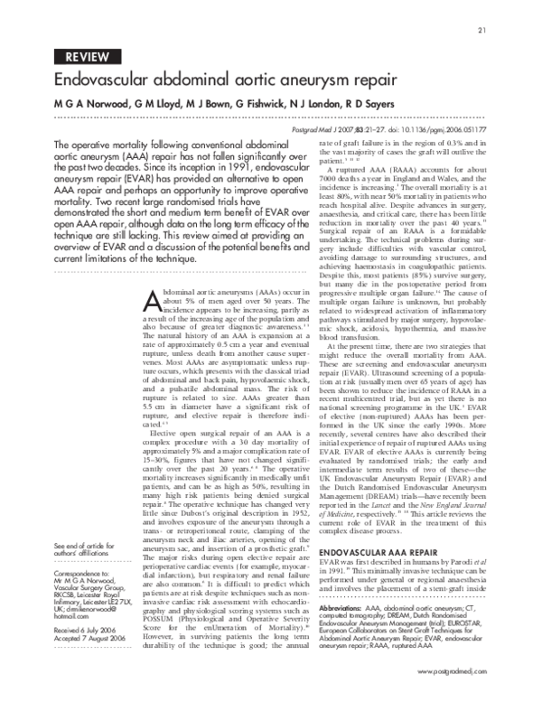 (PDF) Endovascular abdominal aortic aneurysm repair | Rob Sayers ...