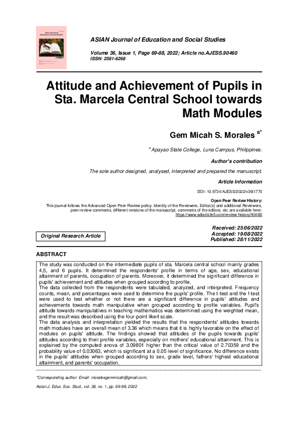 (PDF) Attitude and Achievement of Pupils in Sta. Marcela Central School towards Math Modules ...