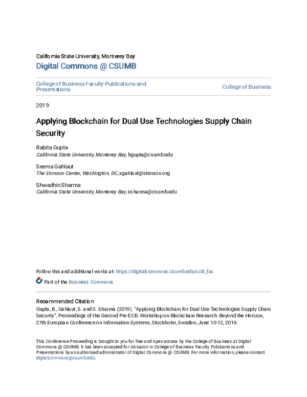 (PDF) Applying Blockchain for Dual Use Technologies Supply Chain Security