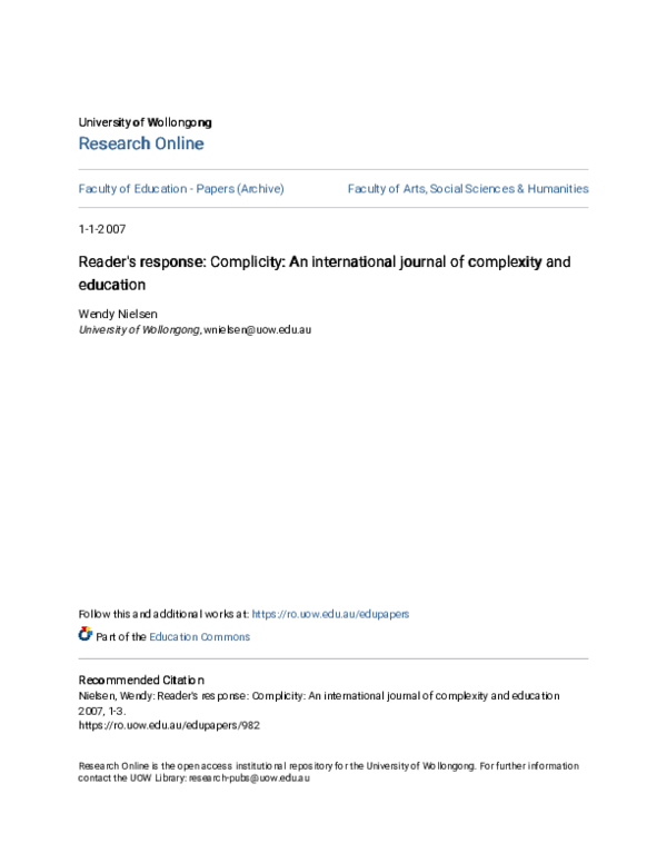 (PDF) Reader's response: Complicity: An international journal of complexity and education