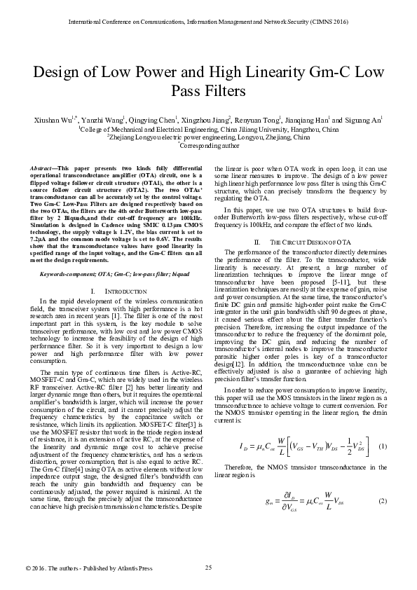 Pdf Design Of Low Power And High Linearity Gm C Low Pass Filters