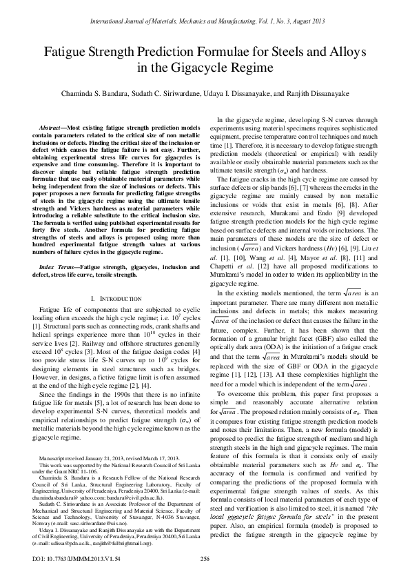 (PDF) Fatigue Strength Prediction Formulae for Steels and Alloys in the ...