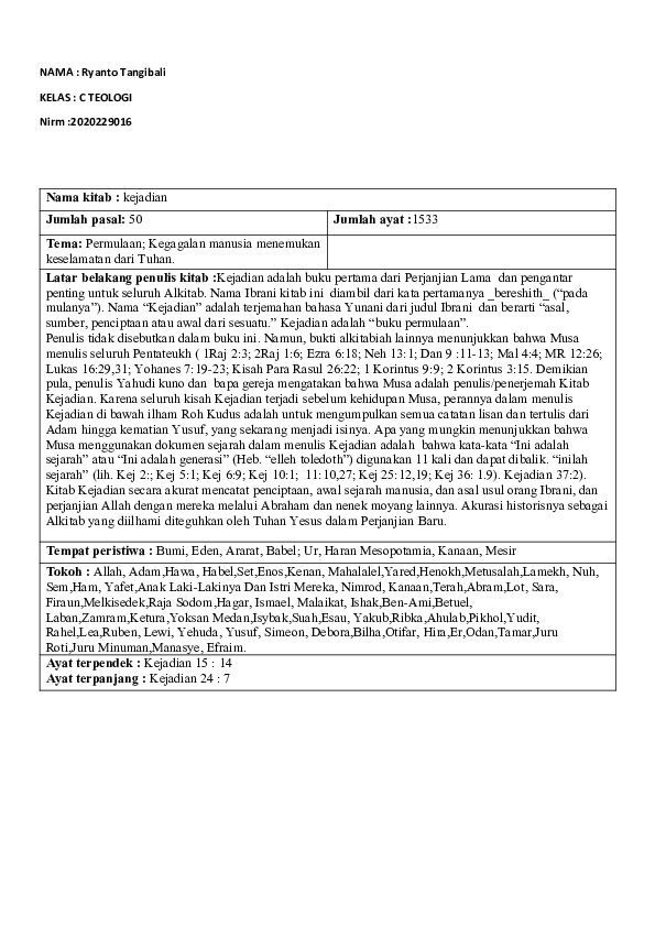 (DOC) Nama kitab : kejadian Jumlah pasal: 50 Jumlah ayat :1533 Tema ...
