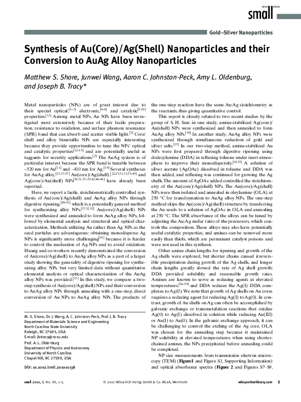 Pdf Synthesis Of Au Core Ag Shell Nanoparticles And Their Conversion To Auag Alloy Nanoparticles