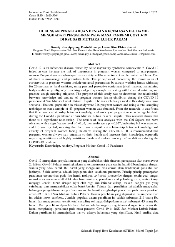 (PDF) Hubungan Pengetahuan Dengan Kecemasan Ibu Hamil Menghadapi Persalinan Pada Masa Pandemi ...