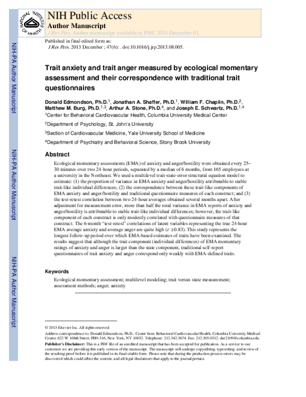 (PDF) Trait anxiety and trait anger measured by ecological momentary ...