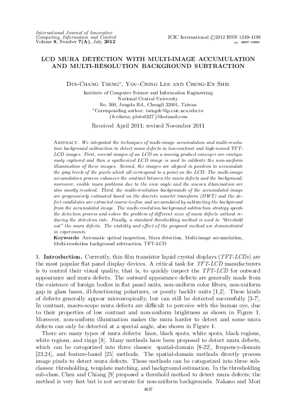 Pdf Lcd Mura Detection With Multi Image Accumulation And Multi Resolution Background Subtraction