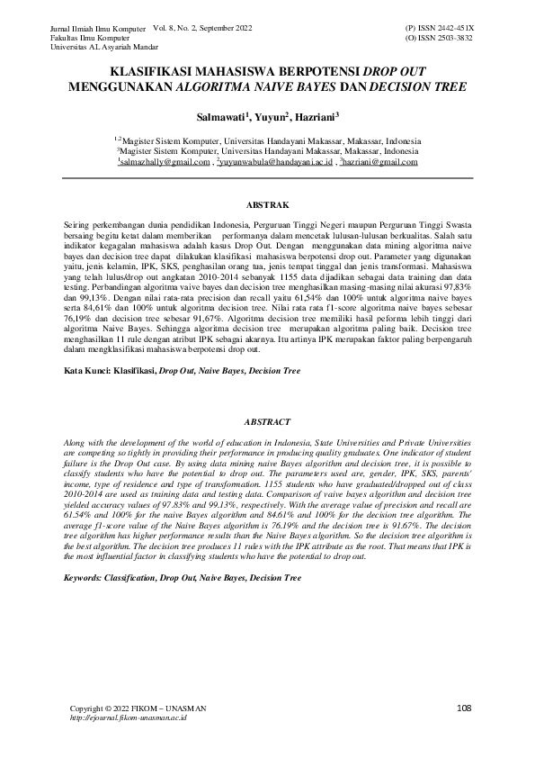 (PDF) Klasifikasi Mahasiswa Berpotensi Drop Out Menggunakan Algoritma Naive Bayes Dan Decision Tree