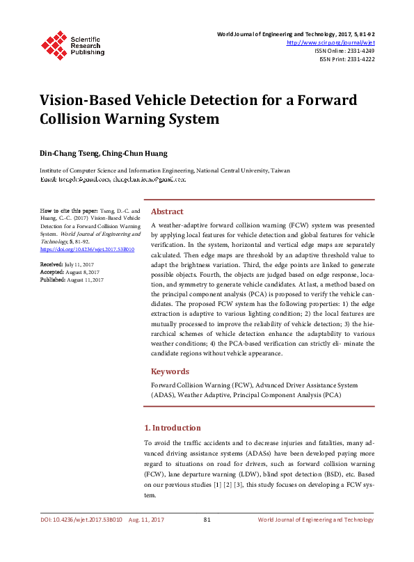 (PDF) Vision-Based Vehicle Detection for a Forward Collision Warning System