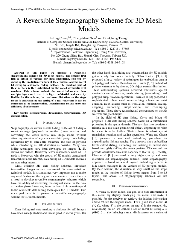 (PDF) A Reversible Steganography Scheme for 3D Mesh Models