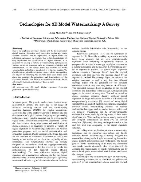 Pdf Technologies For 3d Model Watermarking A Survey