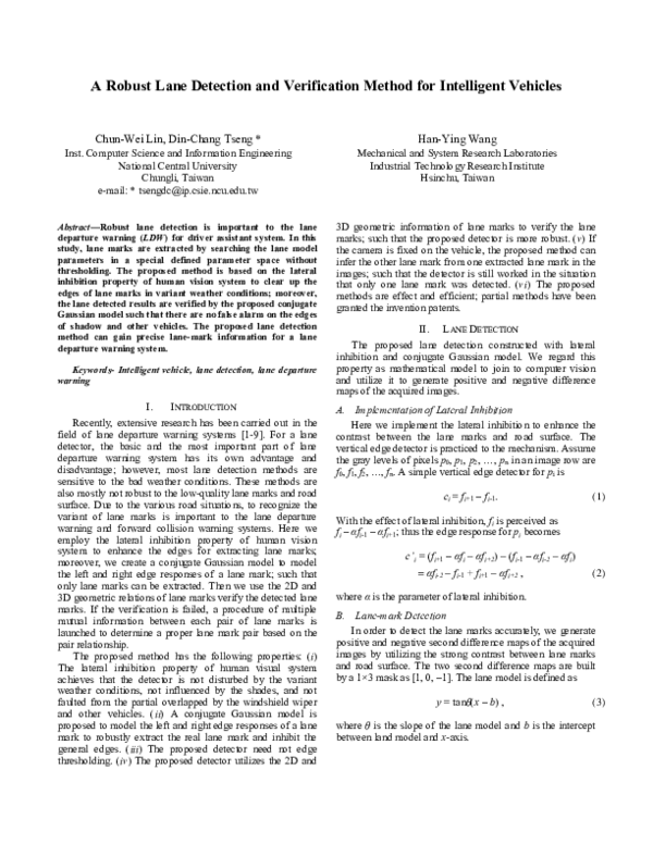 (PDF) A Robust Lane Detection and Verification Method for Intelligent Vehicles