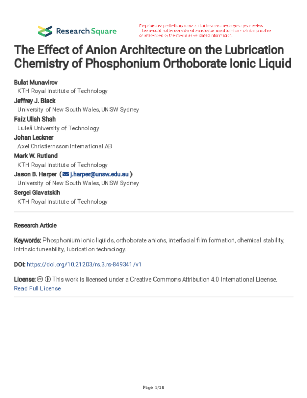 (PDF) The Effect of Anion Architecture on the Lubrication Chemistry of ...