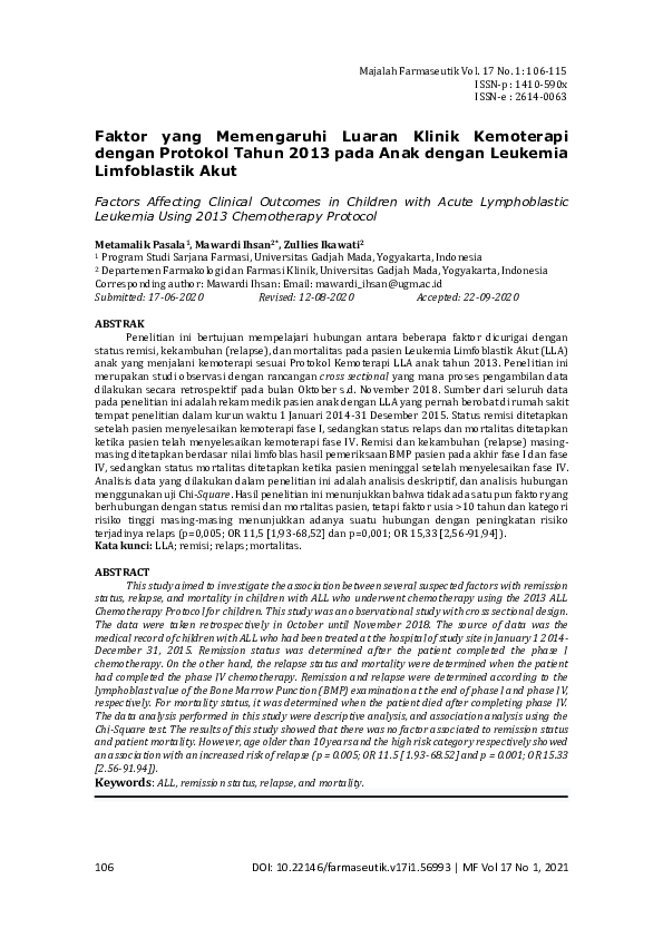 (PDF) Faktor yang Memengaruhi Luaran Klinik Kemoterapi dengan Protokol ...