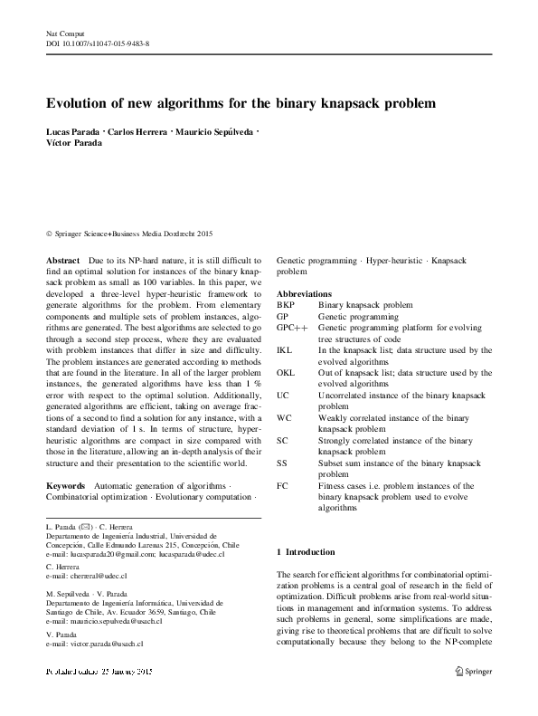 (PDF) Evolution of new algorithms for the binary knapsack problem