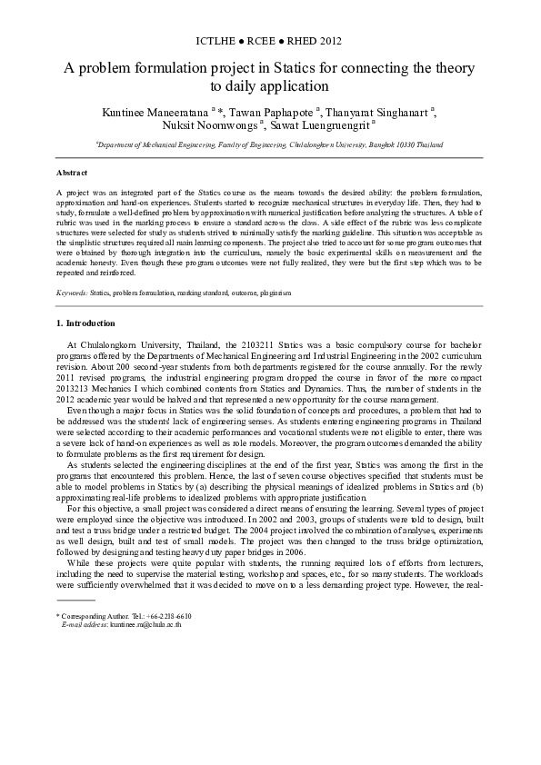 (PDF) A Problem Formulation Project in Statics for Connecting the Theory to Daily Application