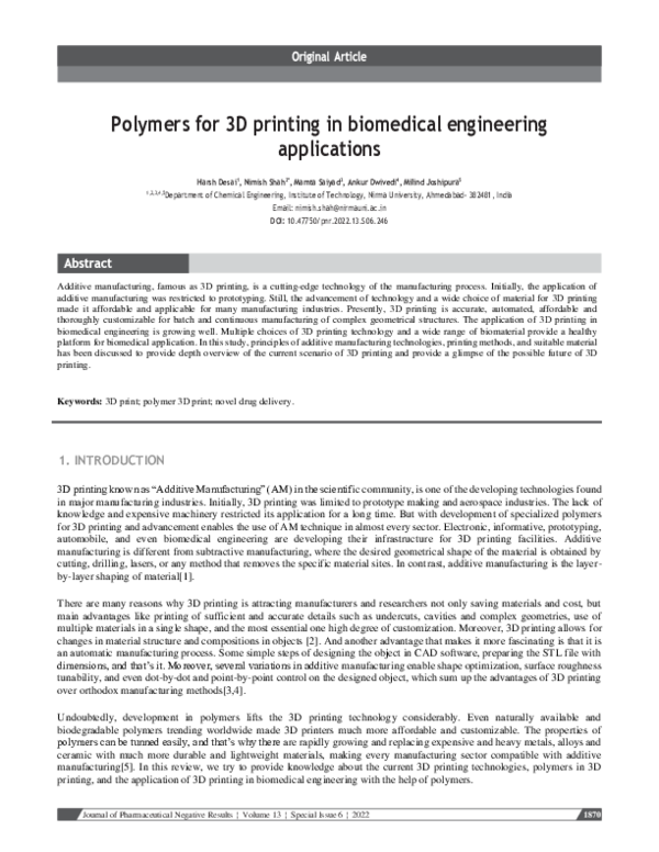Pdf Polymers For 3d Printing In Biomedical Engineering Applications