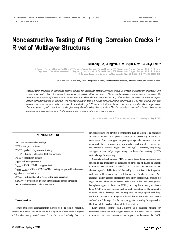Pdf Nondestructive Testing Of Pitting Corrosion Cracks In Rivet Of Multilayer Structures