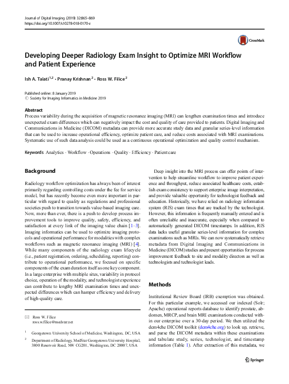 (PDF) Developing Deeper Radiology Exam Insight to Optimize MRI Workflow and Patient Experience