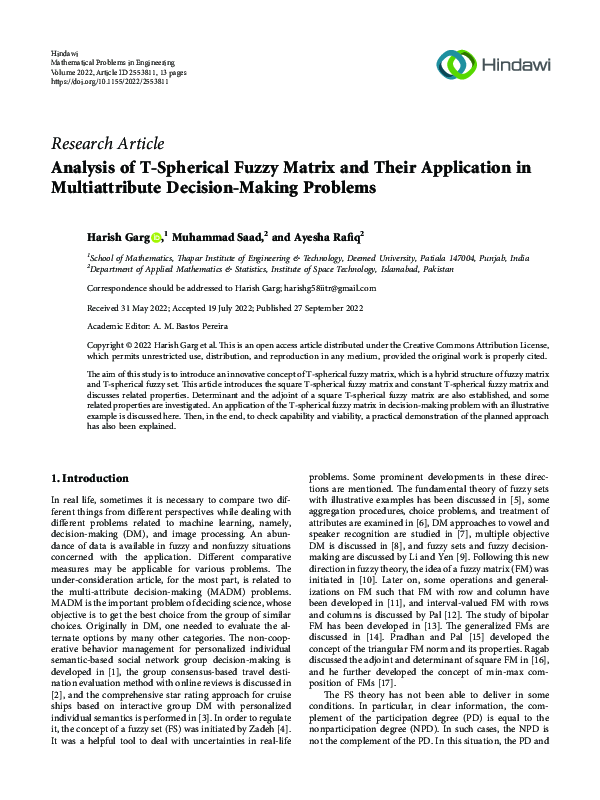 Pdf Analysis Of T Spherical Fuzzy Matrix And Their Application In Multiattribute Decision