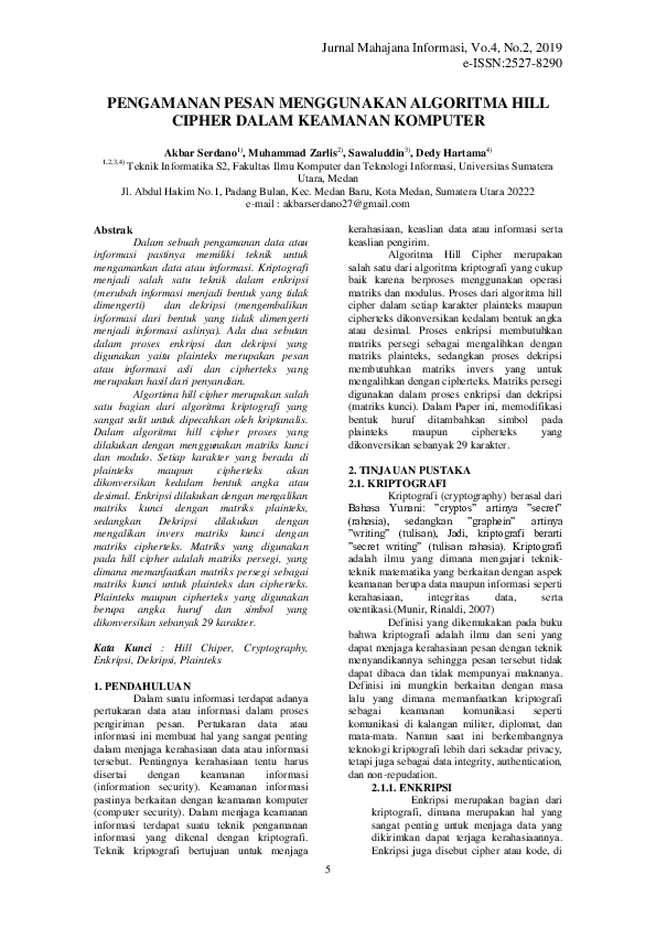 (PDF) Pengamanan Pesan Menggunakan Algoritma Hill Cipher Dalam Keamanan ...