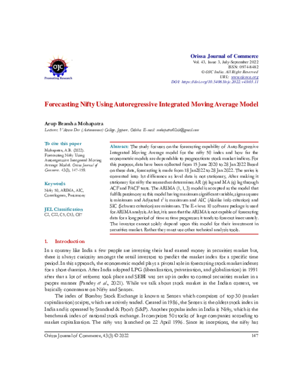 Pdf Forecasting Nifty Using Autoregressive Integrated Moving Average