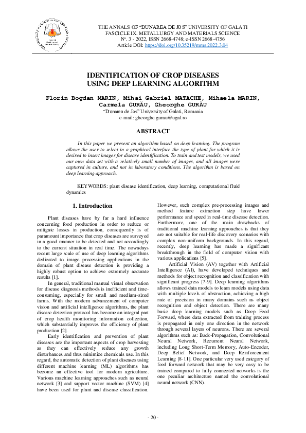 Pdf Identification Of Crop Diseases Using Deep Learning Algorithm