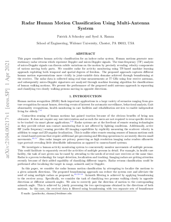 Pdf Radar Human Motion Classification Using Multi Antenna System Syed Hamza