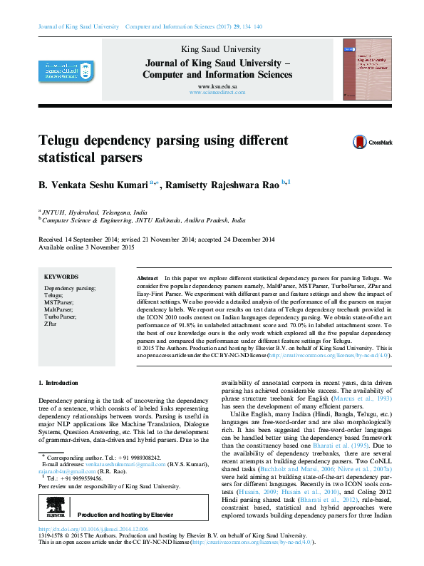 Pdf Telugu Dependency Parsing Using Different Statistical Parsers 2561