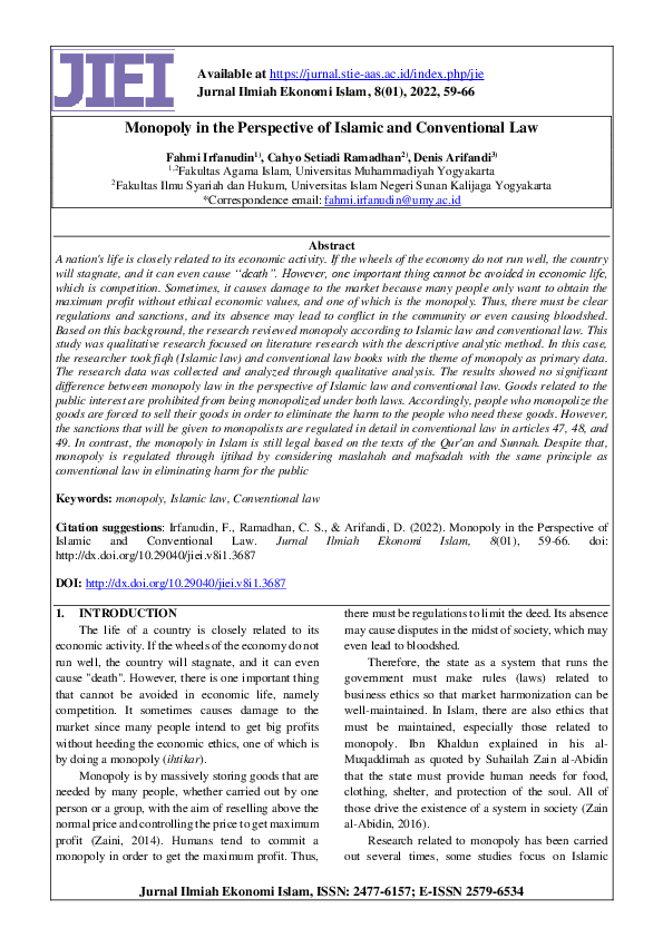 (PDF) Monopoly in the Perspective of Islamic and Conventional Law