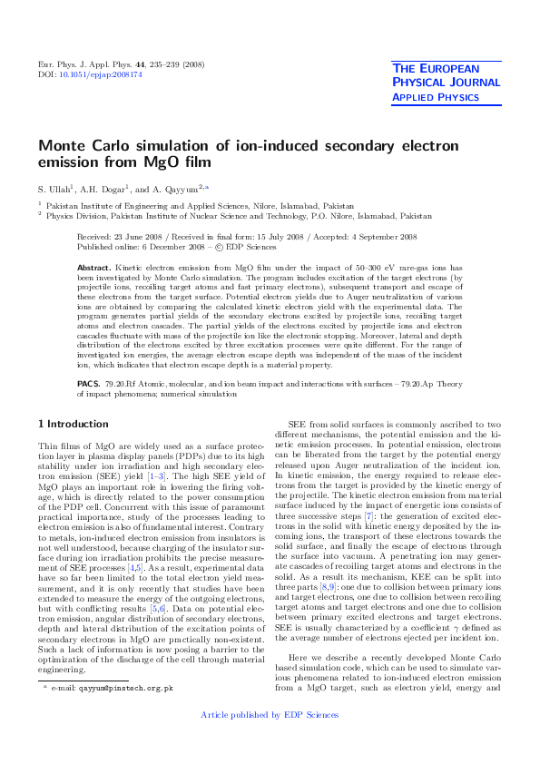 (PDF) Monte Carlo simulation of ion-induced secondary electron emission from MgO film