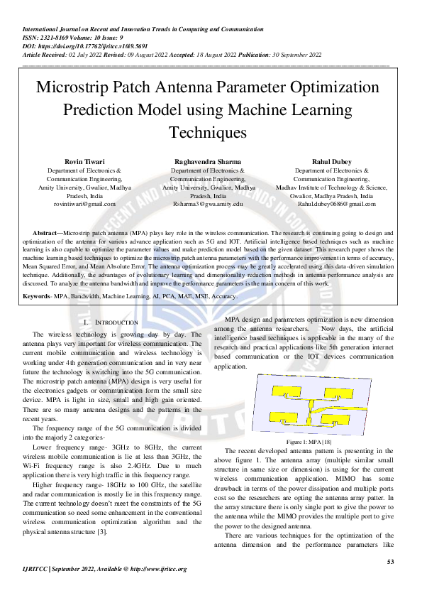 Pdf Microstrip Patch Antenna Parameter Optimization Prediction Model Using Machine Learning