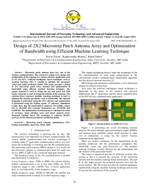 Pdf Design Of 2x2 Microstrip Patch Antenna Array And Optimization Of Bandwidth Using Efficient