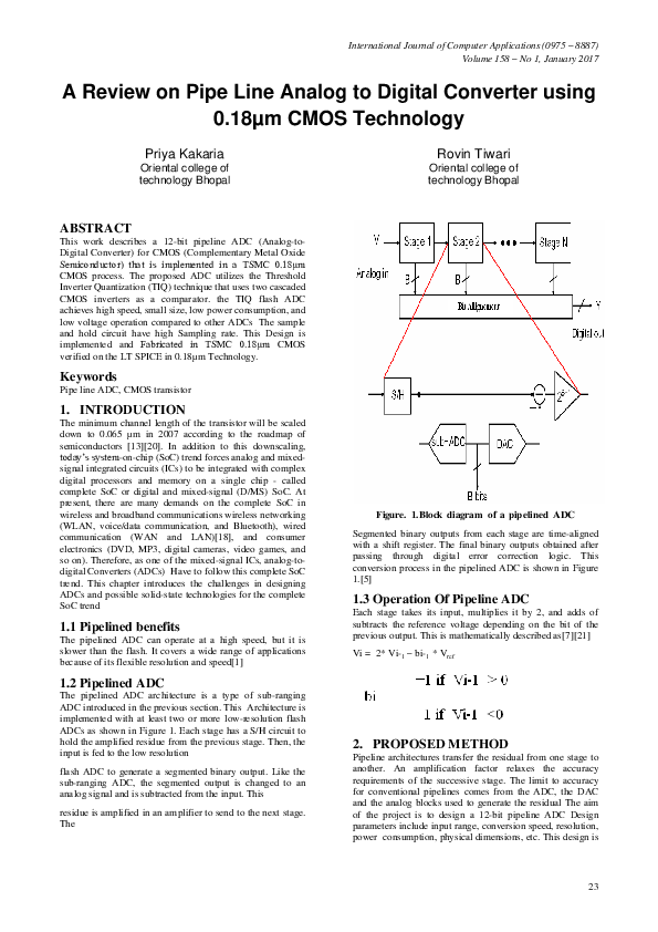 (PDF) A Review on Pipe Line Analog to Digital Converter using 0.18µm CMOS Technology