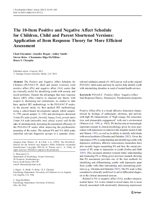 (PDF) The 10-Item Positive and Negative Affect Schedule for Children ...