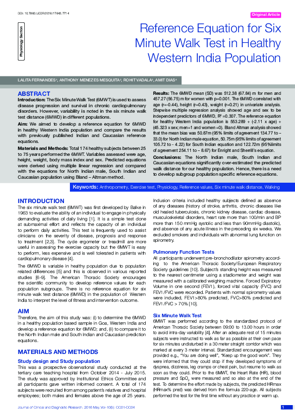 (PDF) Reference Equation for Six Minute Walk Test in Healthy Western ...