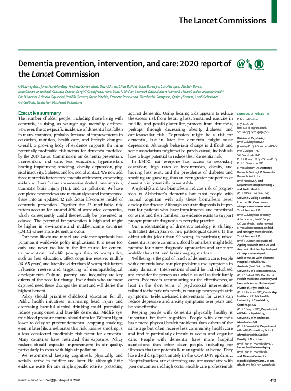 (PDF) Dementia prevention, intervention, and care: 2020 report of the ...