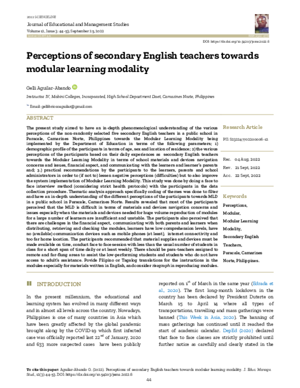 (PDF) Perceptions of secondary English teachers towards modular learning modality