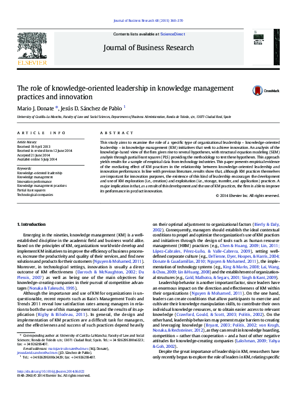 (PDF) The role of knowledge-oriented leadership in knowledge management practices and innovation