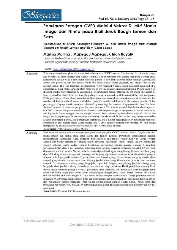 (PDF) Penularan Patogen CVPD Melalui Vektor D. citri Stadia Imago dan Nimfa pada Bibit Jeruk ...