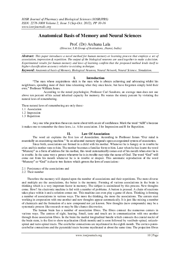 (PDF) Anatomical Basis of Memory and Neural Sciences