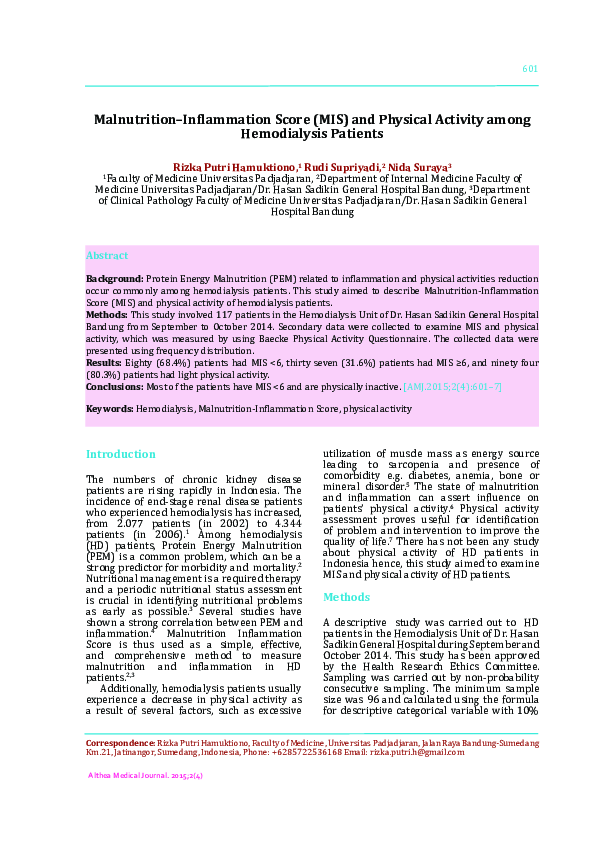 (PDF) Malnutrition-Inflammation Score (MIS) and Physical Activity among ...