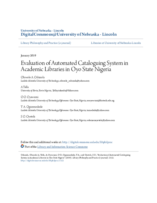 (PDF) Evaluation of Automated Cataloguing System in Academic Libraries ...