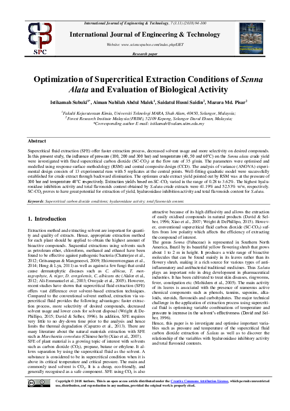 (PDF) Optimization of Supercritical Extraction Conditions of Senna Alata and Evaluation of ...