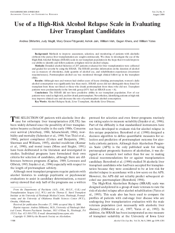 (PDF) Use of a High-Risk Alcohol Relapse Scale in Evaluating Liver ...