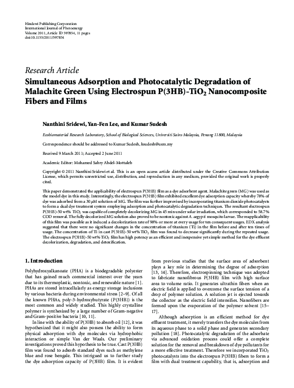 Simultaneous Adsorption and Photocatalytic Degradation of Malachite ...