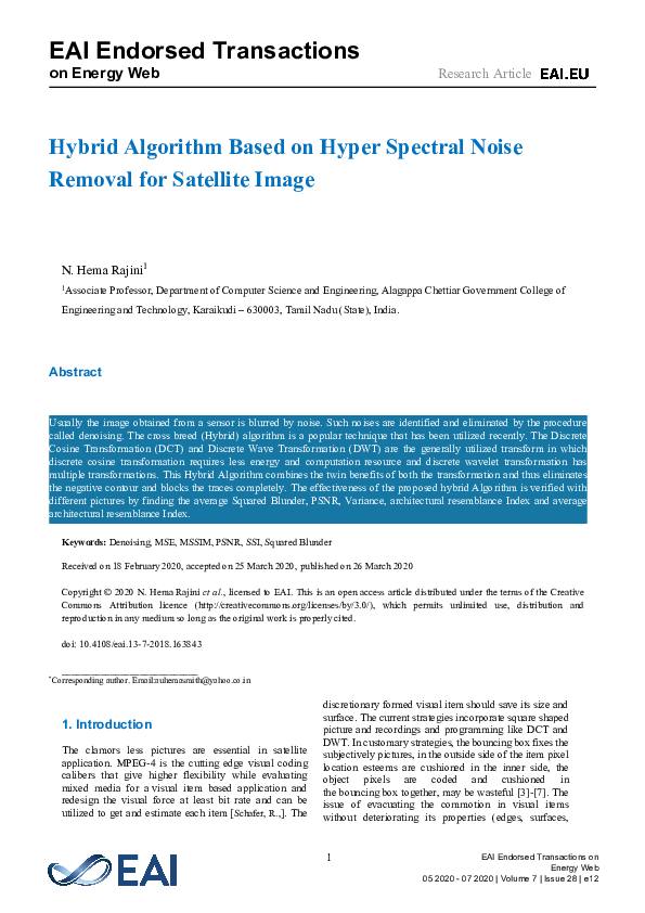 (PDF) Hybrid Algorithm Based on Hyper Spectral Noise Removal for Satellite Image | Hema Rajini N ...