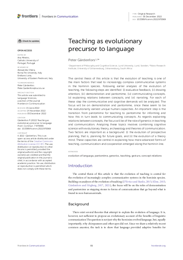 (PDF) Teaching as evolutionary precursor to language